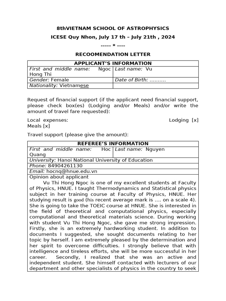 Recommendation Letter-Vu Thi Hong ngoc-8thVIETNAM SCHOOL OF ASTROPHYSICS - 050524 | PDF ...