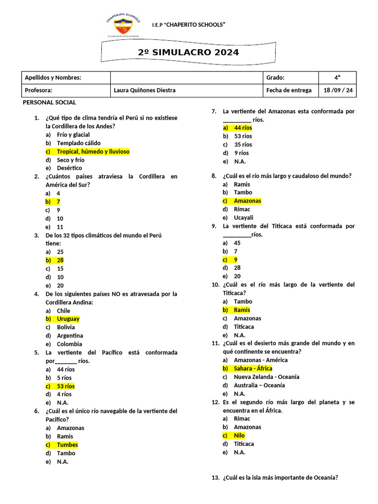 4to Grado Ps - Simulacro 2024 Resuelto | PDF | Américas | río Amazonas