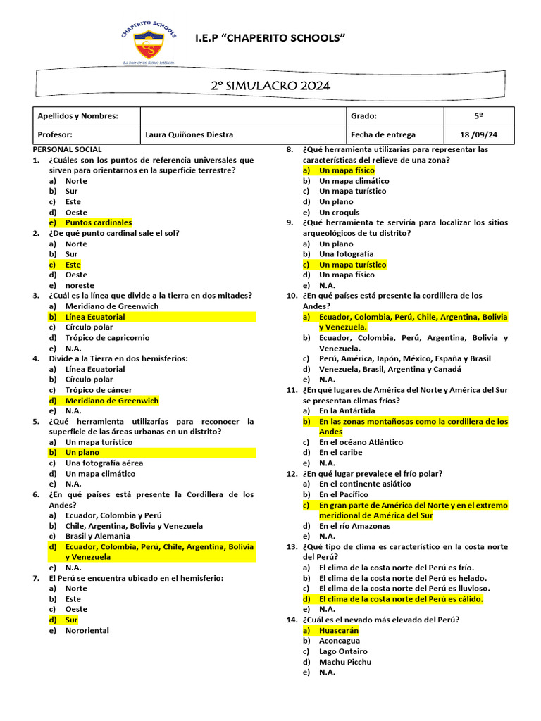5to Grado - 2 Simulacro 2024 - Resuelto | PDF | Andes | Perú