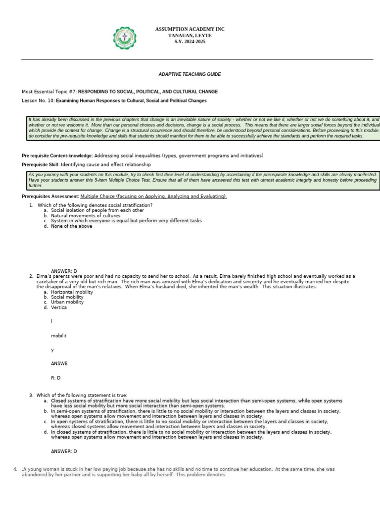 Atg Met 7 Lesson 10 Ucsp | PDF | Multiple Choice | Social Mobility