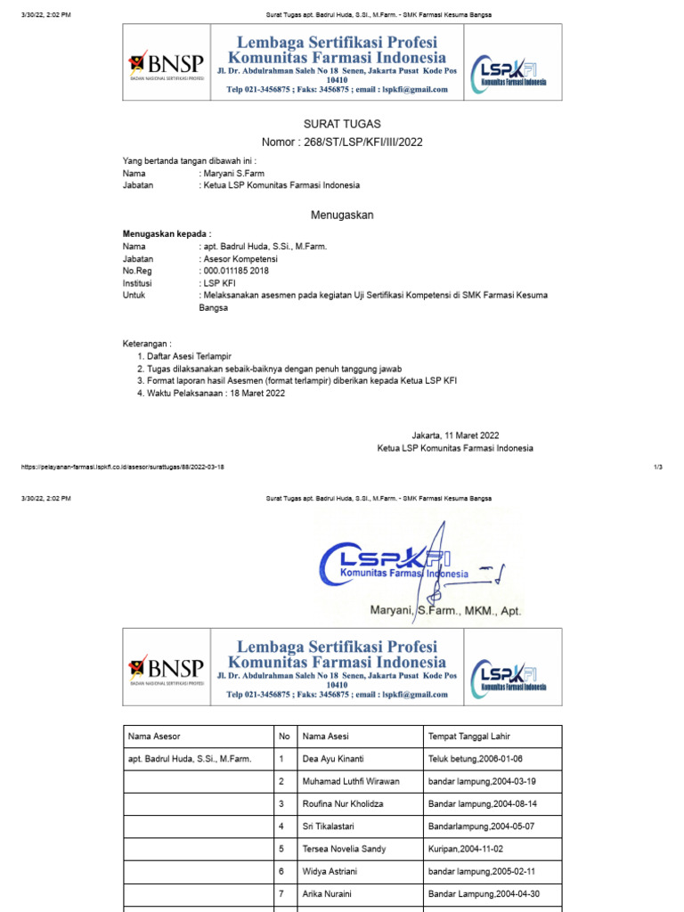 Surat Tugas Apt. Badrul Huda, S.Si., M.Farm. - SMK Farmasi Kesuma Bangsa | PDF