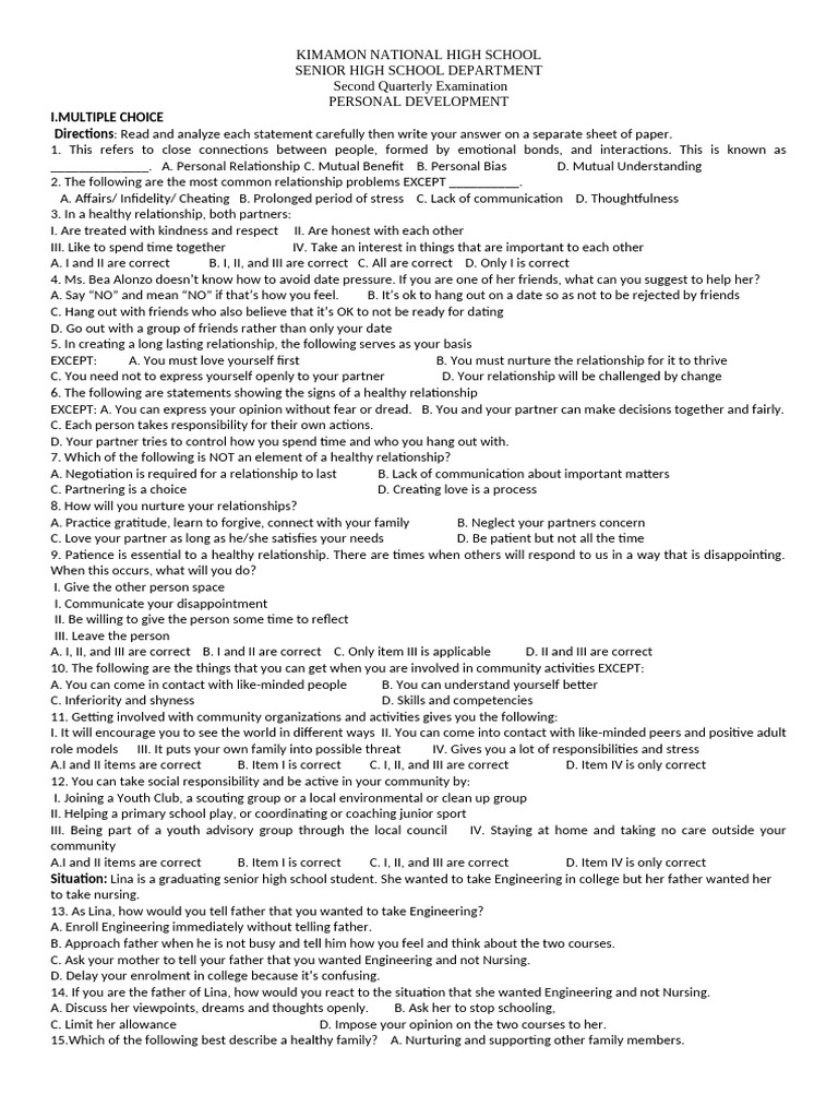 Personal Development Exam: Relationships | PDF | Infidelity | Intelligence