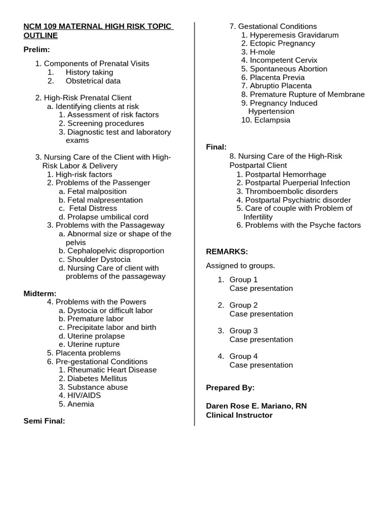 NCM 109 Maternal High Risk Topic Outline | PDF | Childbirth | Pregnancy