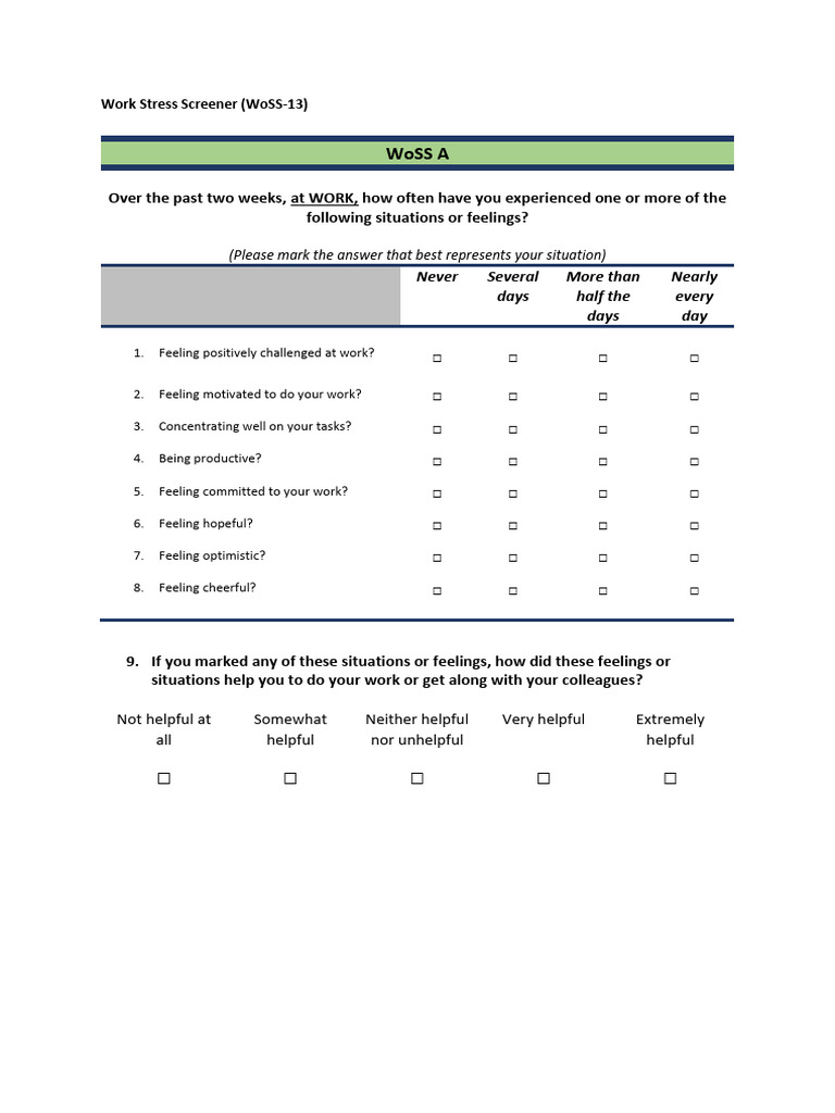 Work Stress Screener (WoSS-13) Guide | PDF | Psychology ...
