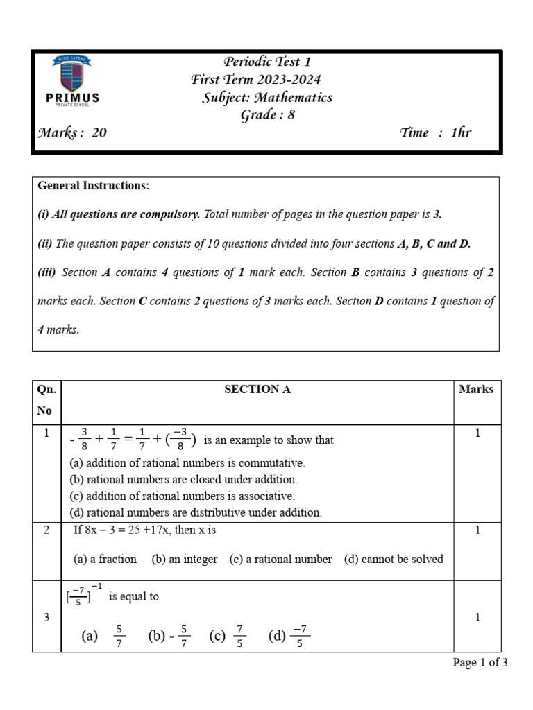 Grade 8 Mathematics Periodic Test 1 | PDF | Numbers | Rational Number