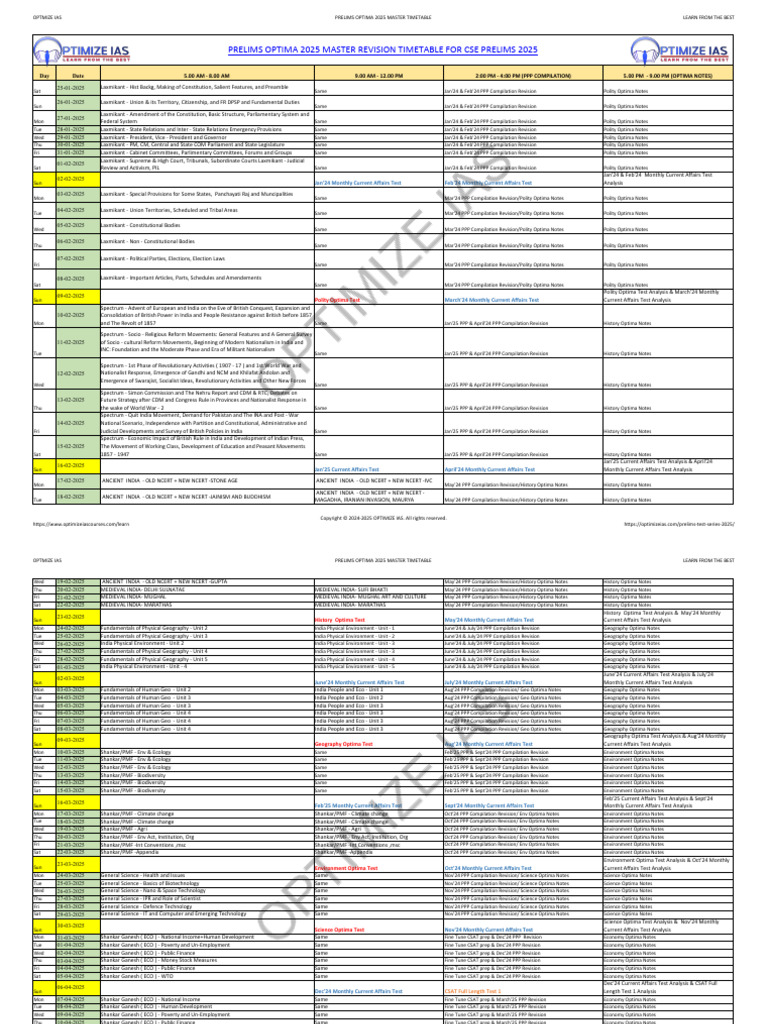 Prelims 2025 Optima 120 Days Timetable | PDF