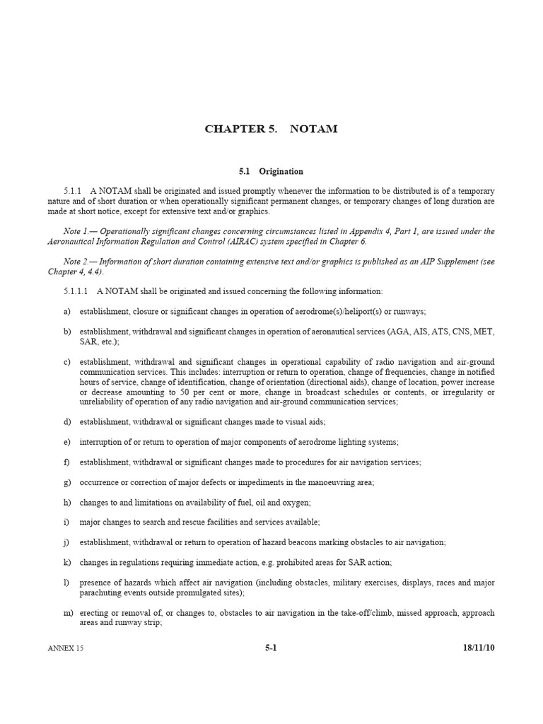 ICAO Annex15 Chapter5 NOTAM | PDF | Search And Rescue | Air Traffic Control