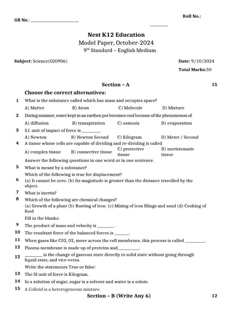 English Sem Exam Question Paper Format STD 9 | PDF | Force | Water