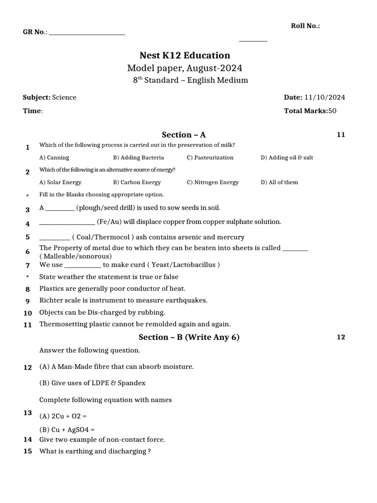 8th Grade Science Model Paper 2024 | PDF | Physical Sciences | Nature