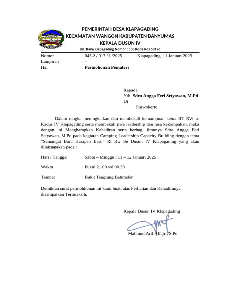 Permohonan Pemateri Camping Leadership | PDF