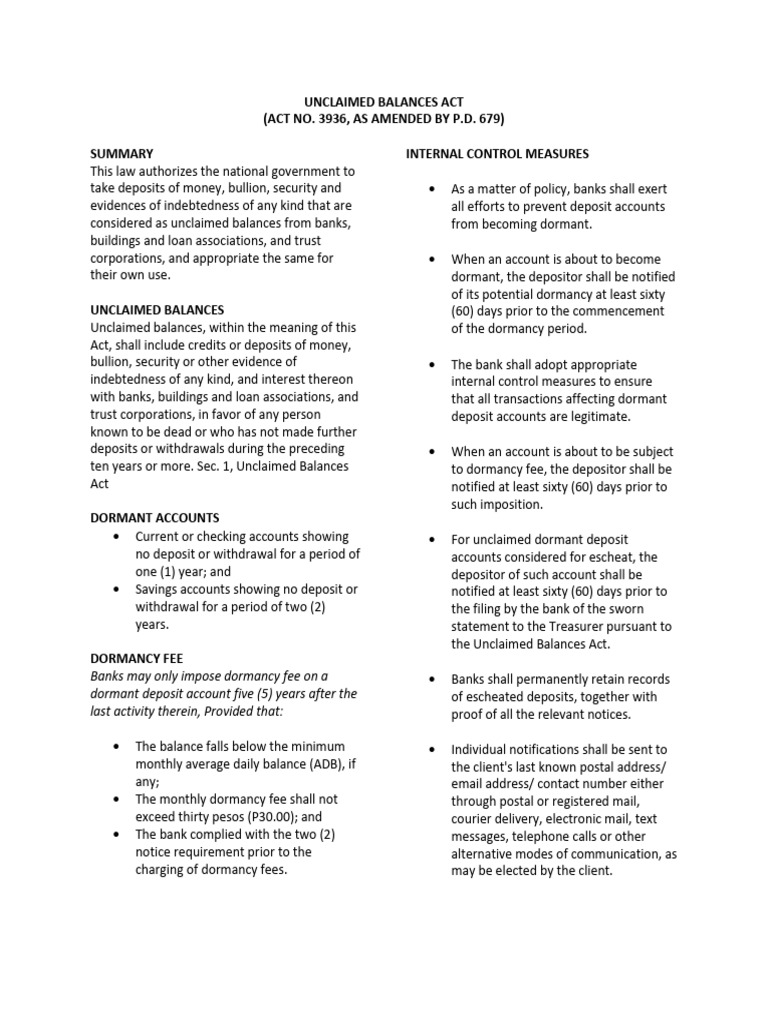 UNCLAIMED BALANCES ACT | PDF | Banks | Deposit Account