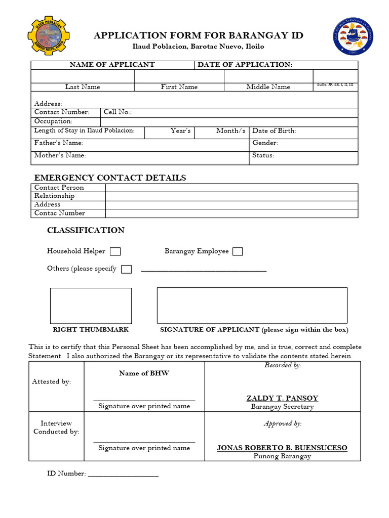 Application Form For Barangay Id | PDF