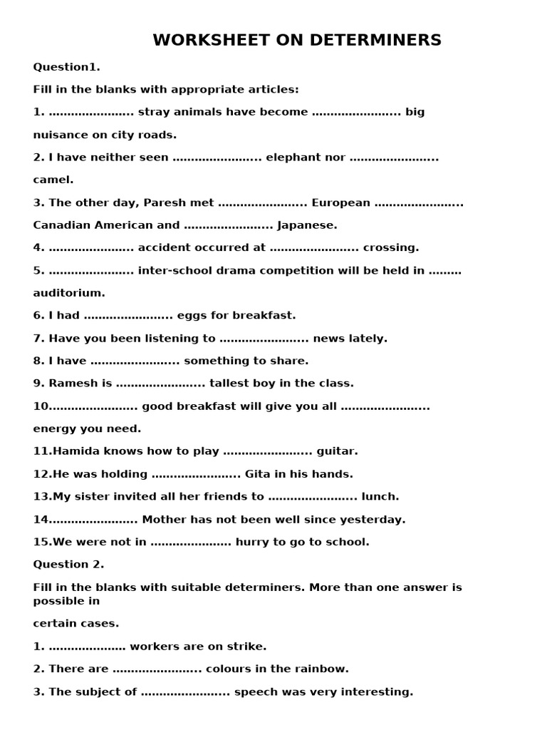 WORKSHEET ON DETERMINERS | PDF