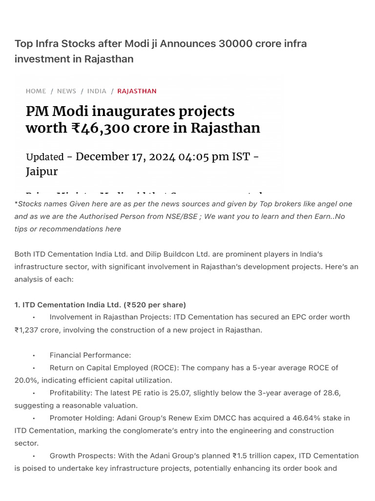 Top Infra Stocks Post ₹30K Crore Investment | PDF | Stocks | Investing