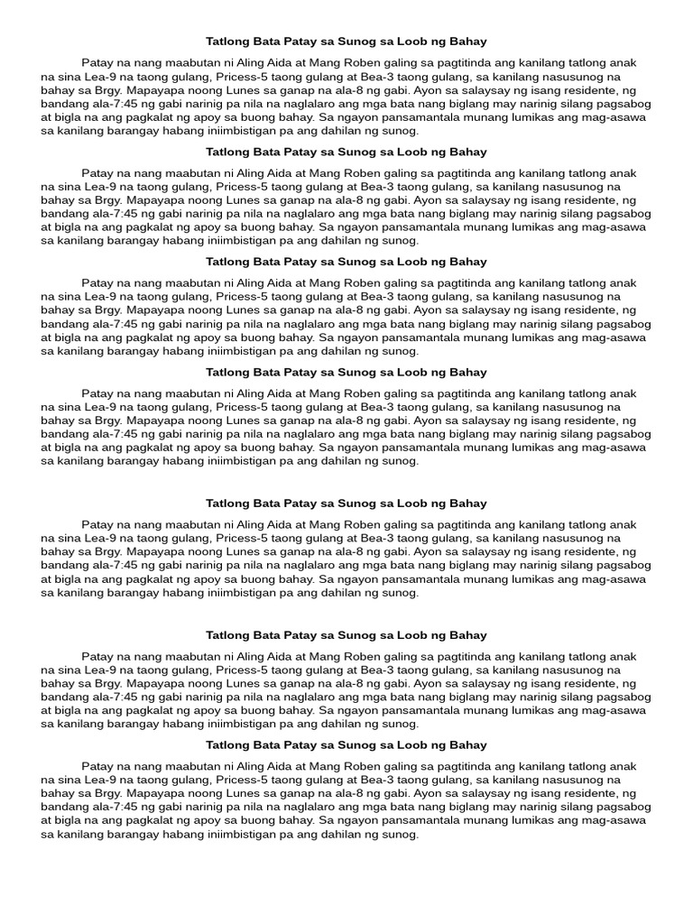 Tatlong Bata Patay Sa Sunog Sa Loob NG Bahay | PDF