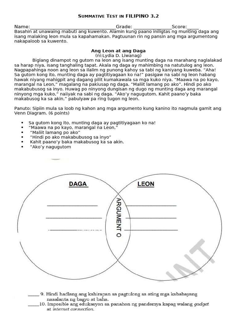 Summative Test in FILIPINO 3.2 | PDF