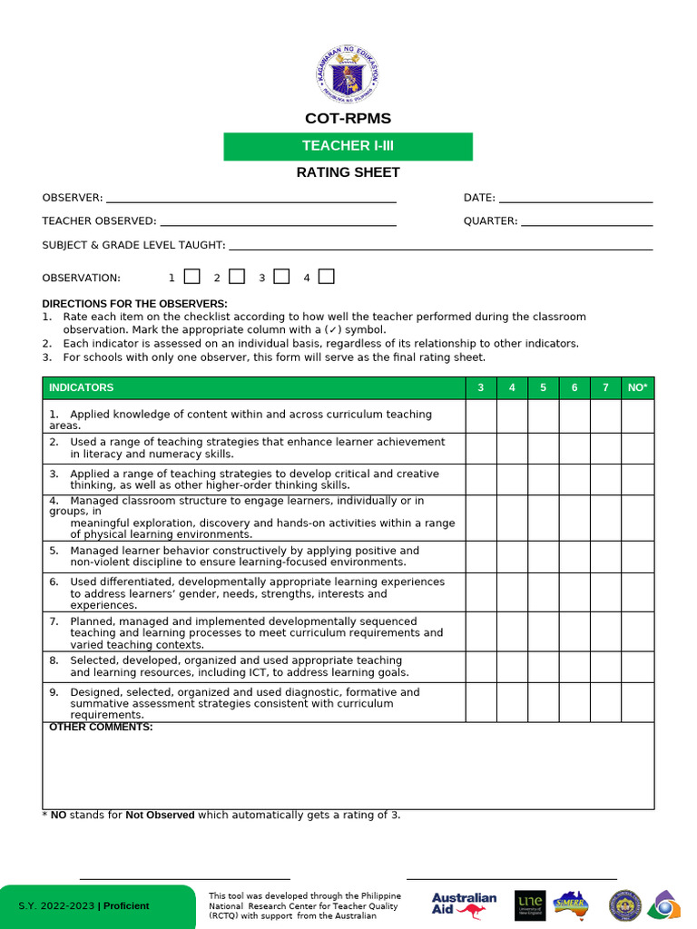 Appendix C - 02 - COT - RPMS Rating Sheet For T I - III For SY 2022 ...