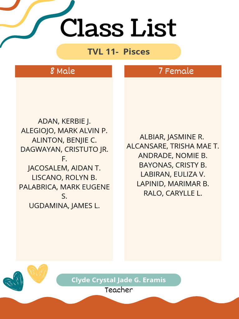 Orange Blue and Yellow Simple Class List Document | PDF