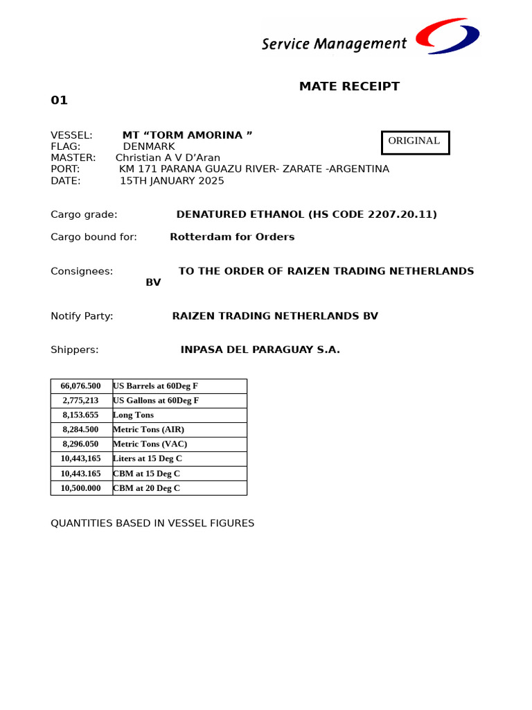Ethanol Shipment Receipt to Rotterdam | PDF