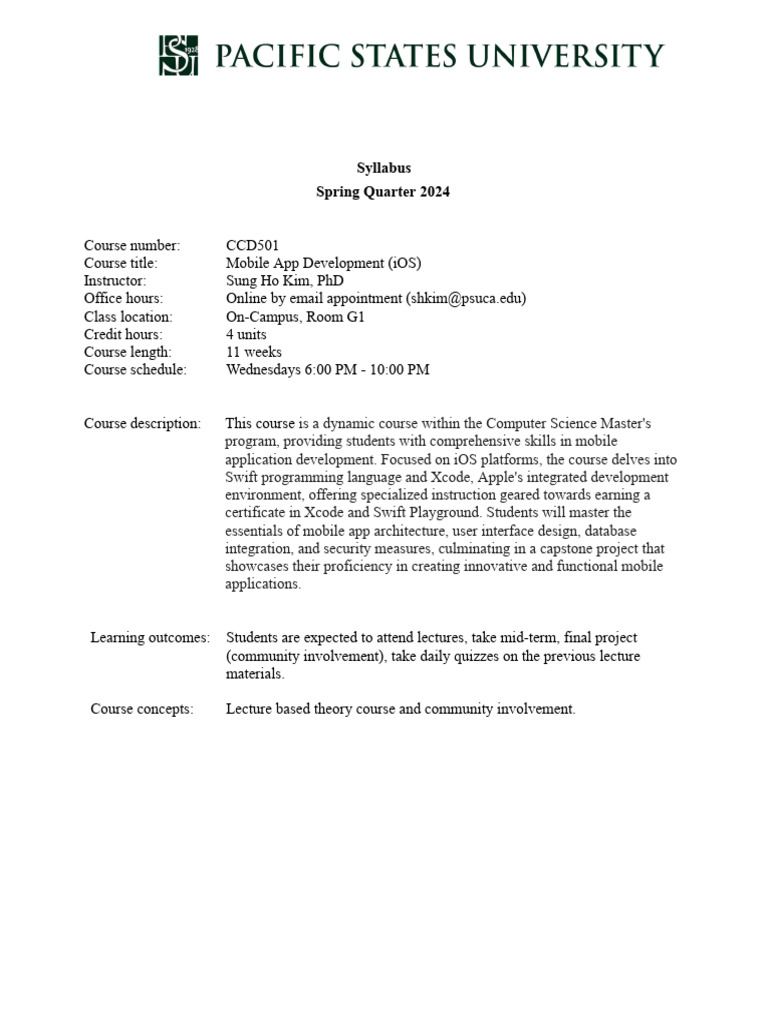 Syllabus - Spring - 2024 - CCD501 - Mobile App Development (iOS) | PDF | Swift (Programming ...