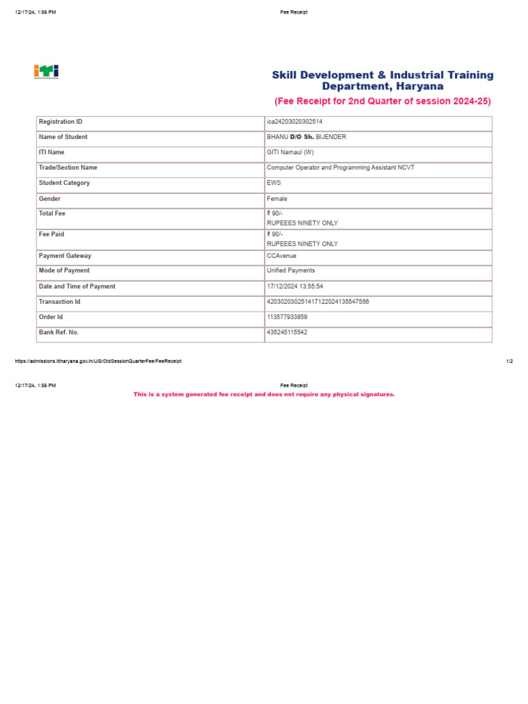 Fee Receipt Bhanu | PDF