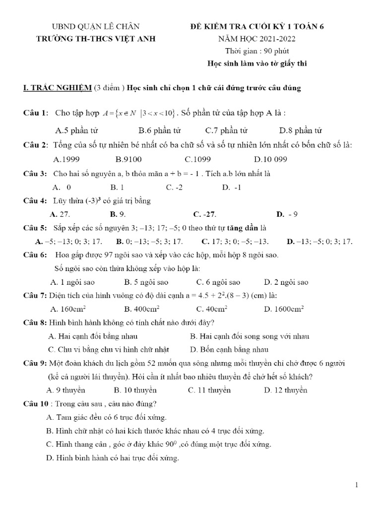 Đề Kiểm Tra Học Kì 1 Toán 6 Năm 2021 - 2022 Trường TH - THCS Việt Anh - Hải Phòng - THCS ...