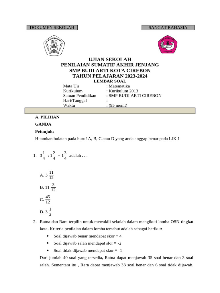 Soal Psaj MTK Kelas 9 2023-2024 | PDF
