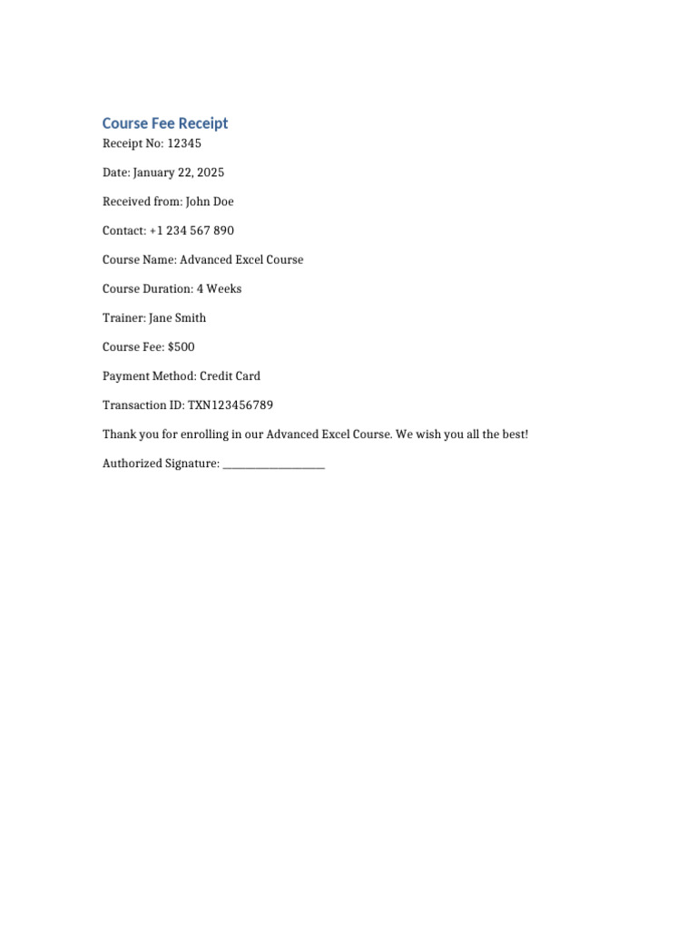 Advanced Excel Course Fee Receipt | PDF
