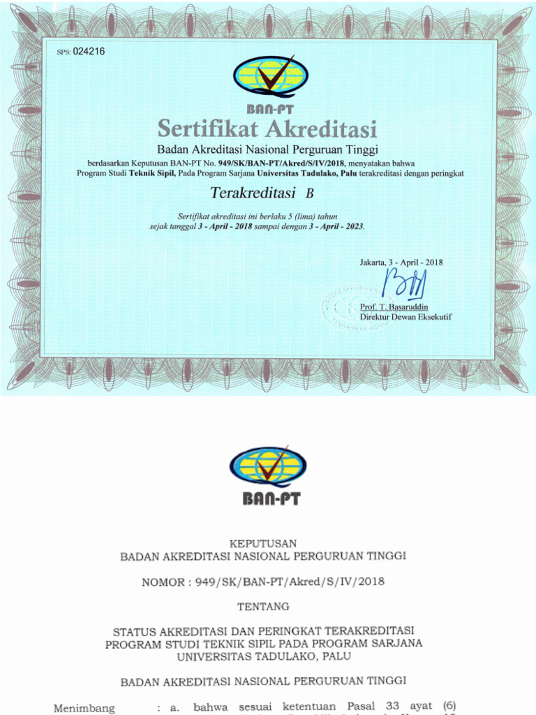 2018 BAN-PT Sertifikat-dan-SK S1 Teknik-Sipil PDF | PDF