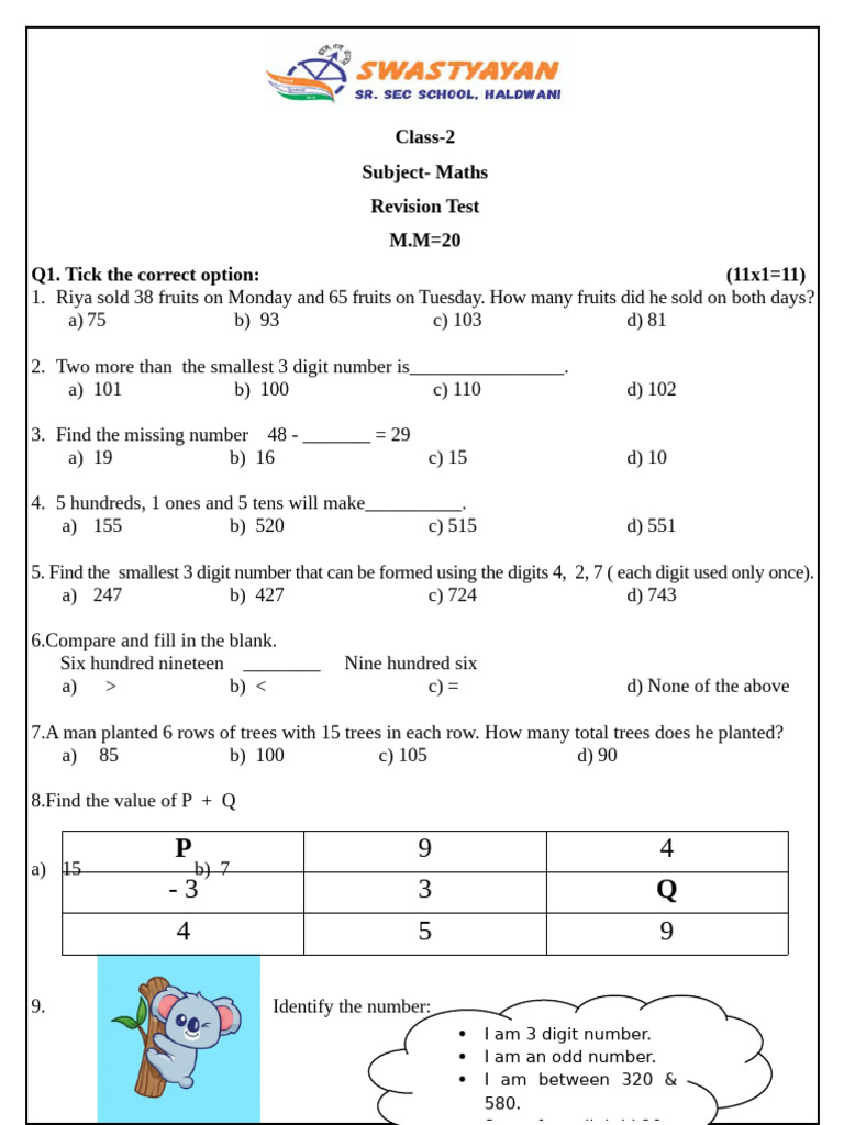 Class 2 Maths PT-2 2024-25 | PDF | Mathematics