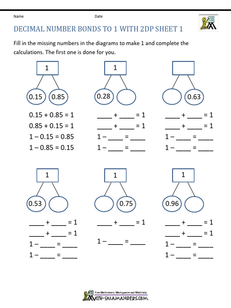 Decimal Number Bonds To 1 With 2dp 1 | PDF