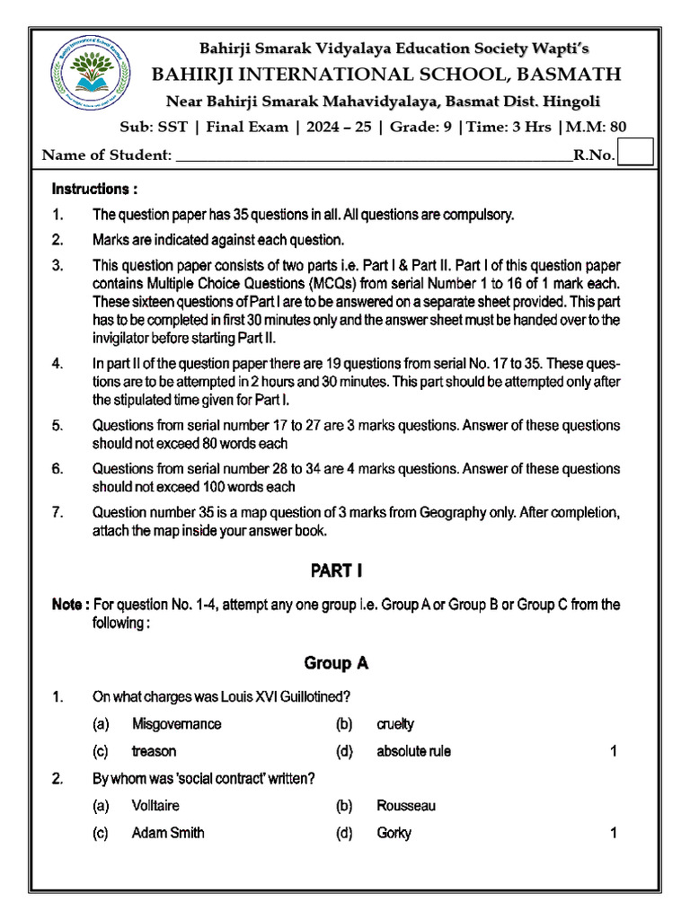 G - 9 - SST - Final Exam - 80M | PDF