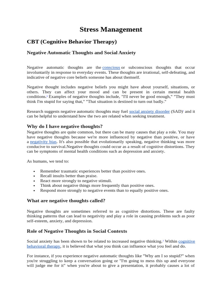 Stress Management Pdf Thought Cognitive Behavioral Therapy
