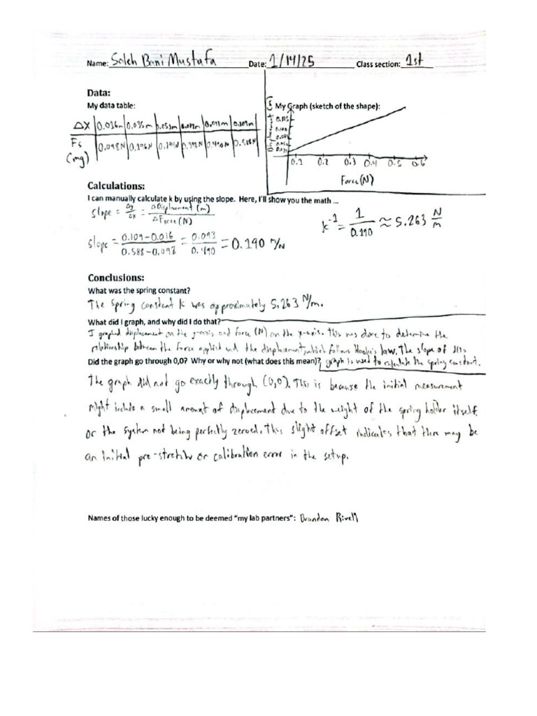 Hooke's Law Lab Paper Scan & Sheets Graph by - Saleh Bani Mustafa | PDF