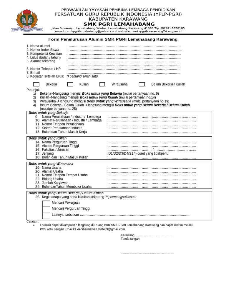 Form Penelusuran Alumni SMK PGRI Lemahabang Karawang | PDF