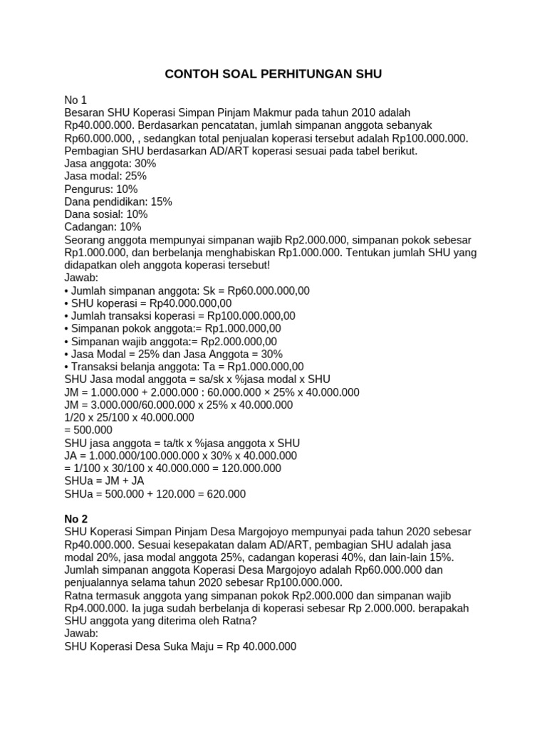 Contoh Soal Perhitungan SHU Koperasi | PDF