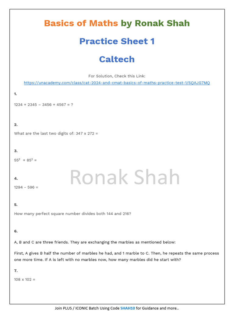 Caltech - Unit Test 1 - Basic Calculations - YT | PDF | Mathematics