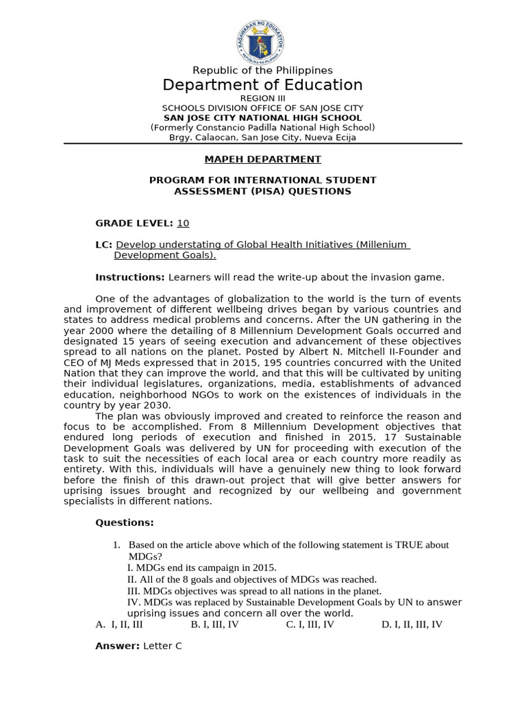 Grade-10_PISA-SAMPLE-QUESTIONS-WEEK-1_113557 | PDF