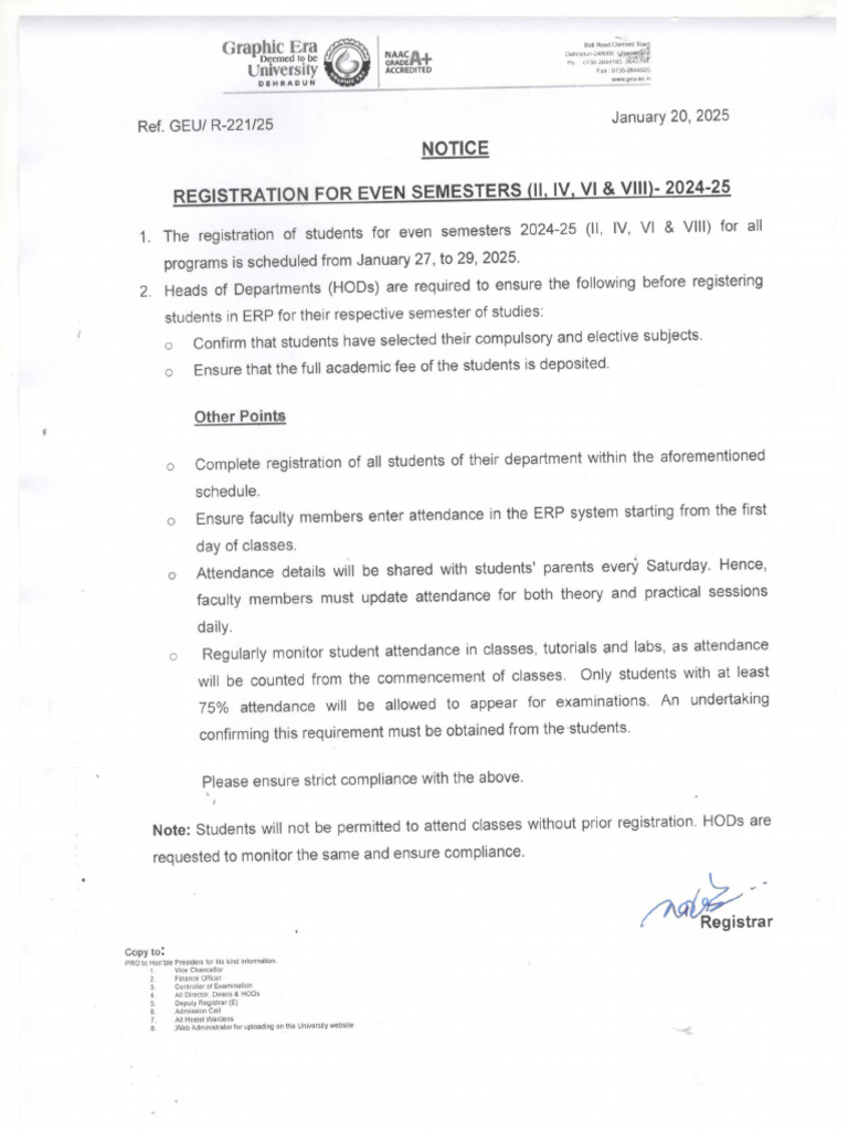 Registration For Even Semesters Session 2024-25 | PDF