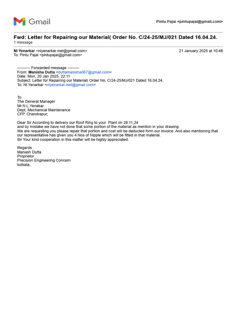 Gmail - Letter For Repairing | PDF