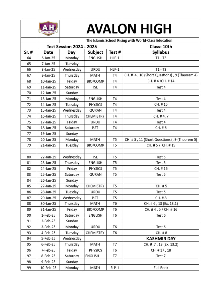 10th Matric Test Session Schedule 2024 - 2025 | PDF