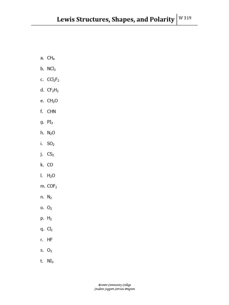 w319 Lewis Structures Shapes and Polarity | PDF | Chemical Polarity ...