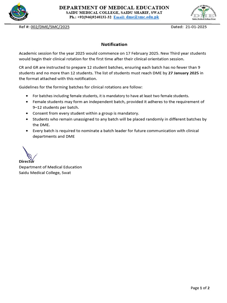 Notification For 3rd Year Ward Batches | PDF | Health Care | Medical ...