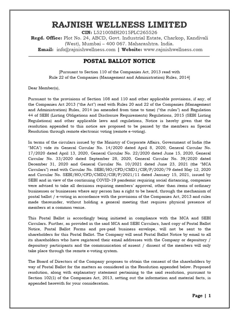 Postal Ballot Notice 12.01.22 | PDF | Login | Electronic Voting