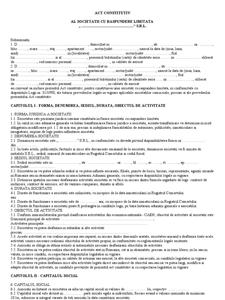 Act Constitutiv SRL 2 Asociati | PDF
