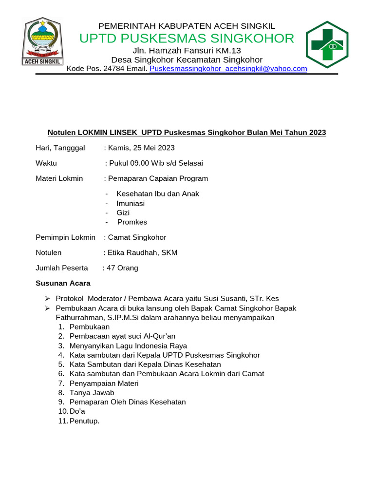Notulen Lokmin Linsek Tahun 2023 | PDF