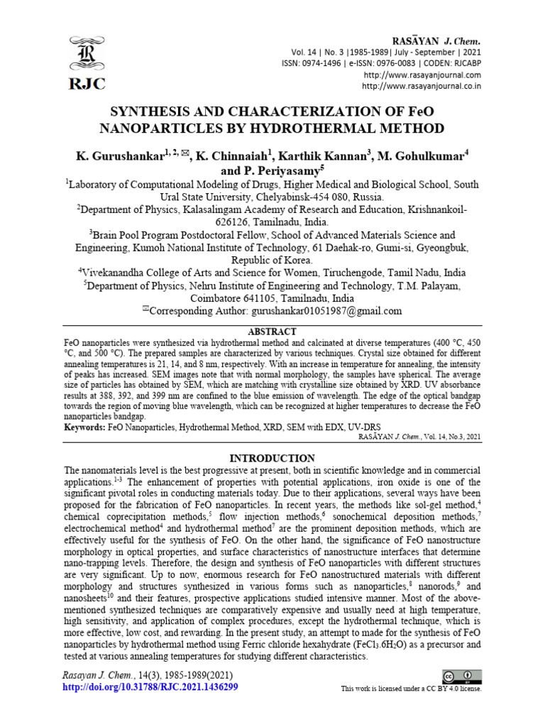 FeO by Hydrothermal Method | PDF | Band Gap | Nanoparticle