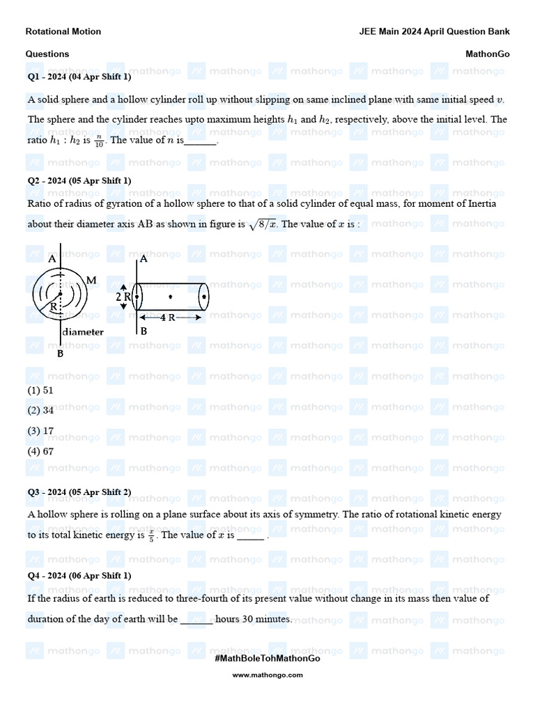JEE Main 2024 April Rotational Motion Questions | PDF | Mechanical ...
