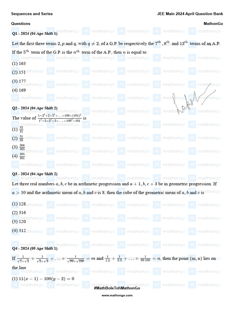 Sequences and Series - JEE Main 2024 April Question Bank - MathonGo | PDF | Numbers | Mathematics
