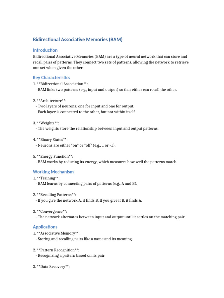 Bidirectional Associative Memories Bam Simplified Pdf